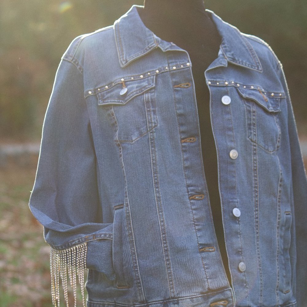 Upcycled Denim Jacket With Gold Rhinestone Fringe - Gem
